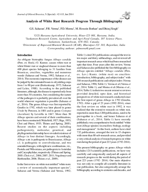 (PDF) Analysis of white rust research progress through bibliography