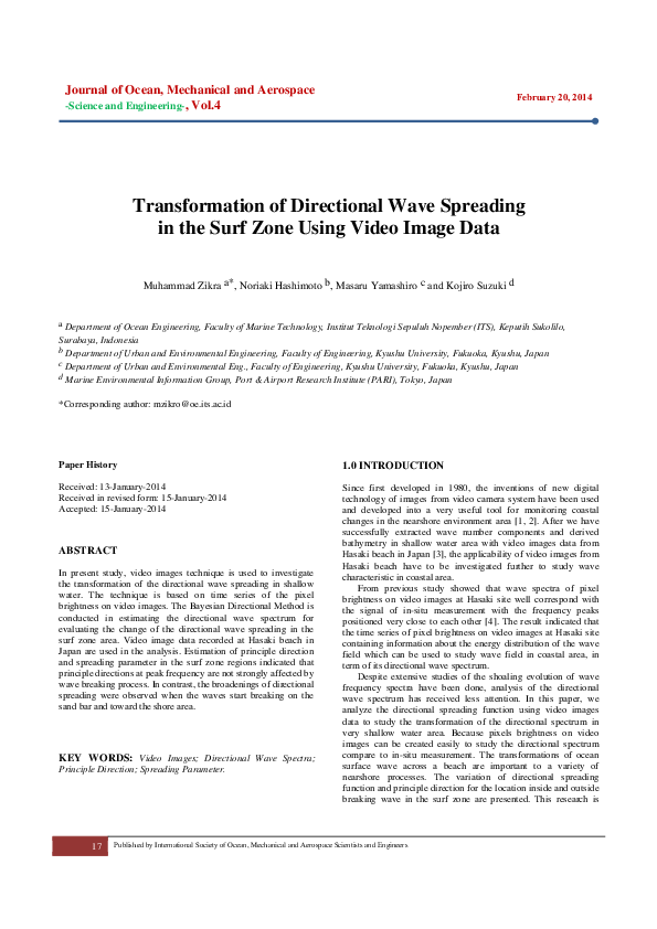 (PDF) Transformation of Directional Wave Spreading in the Surf Zone Using Video Image Data