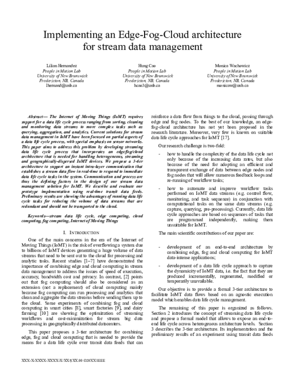 Pdf Implementing An Edge Fog Cloud Architecture For Stream Data Management