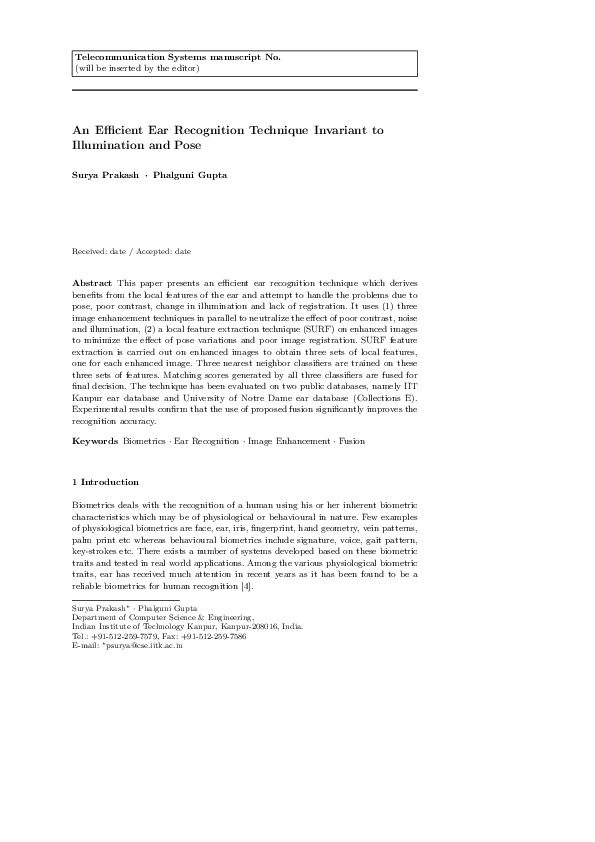 Pdf An Efficient Ear Recognition Technique Invariant To Illumination And Pose