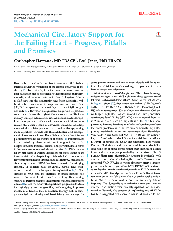 (PDF) Mechanical Circulatory Support for the Failing Heart: Past, Present and Future