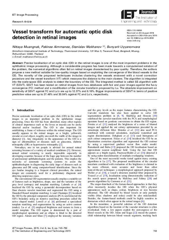 (PDF) Vessel transform for automatic optic disk detection in retinal images