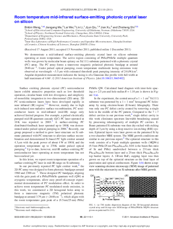(PDF) Room temperature mid-infrared surface-emitting photonic crystal laser on silicon