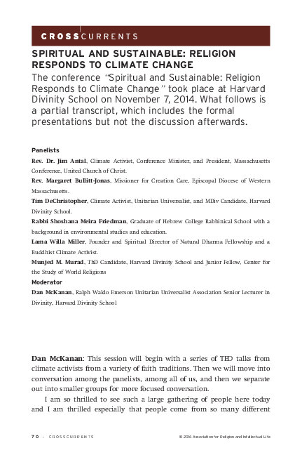 (PDF) Spiritual and Sustainable: Religion Responds to Climate Change