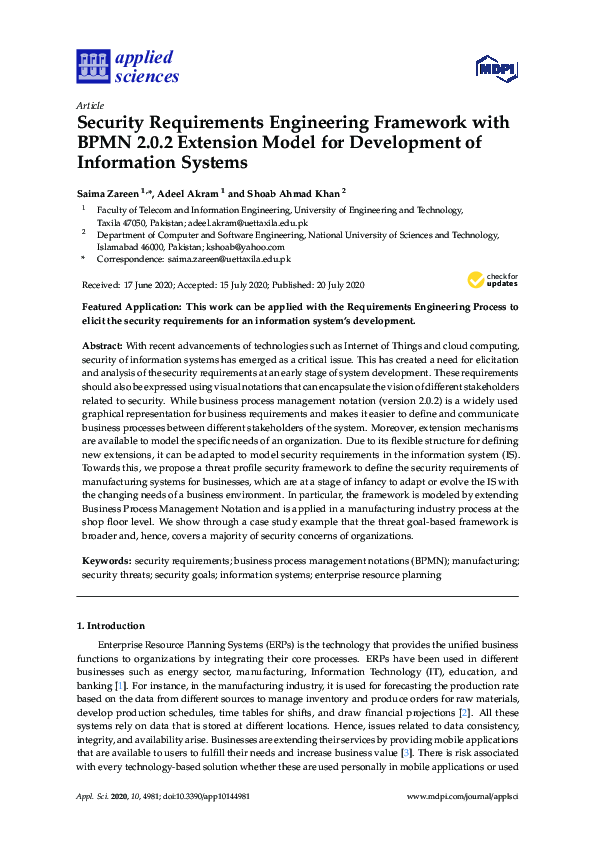 (PDF) Security Requirements Engineering Framework with BPMN 2.0.2 Extension Model for ...
