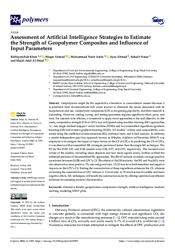 (PDF) Assessment of Artificial Intelligence Strategies to Estimate the Strength of Geopolymer ...