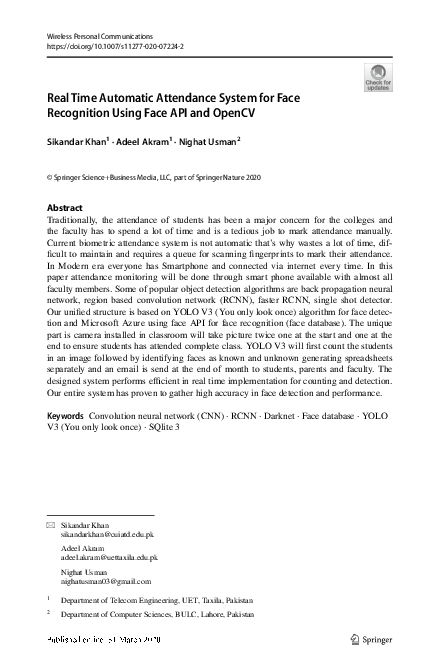 Pdf Real Time Automatic Attendance System For Face Recognition Using Face Api And Opencv