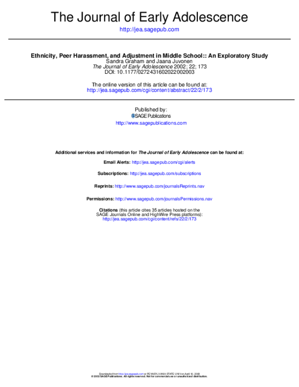 (PDF) Ethnicity, Peer Harassment, and Adjustment in Middle School