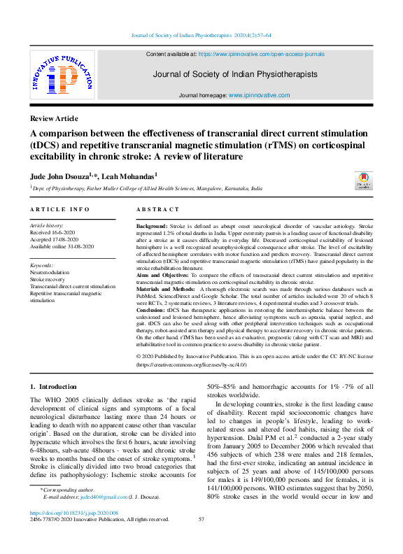 (PDF) A comparison between the effectiveness of transcranial direct current stimulation (tDCS ...