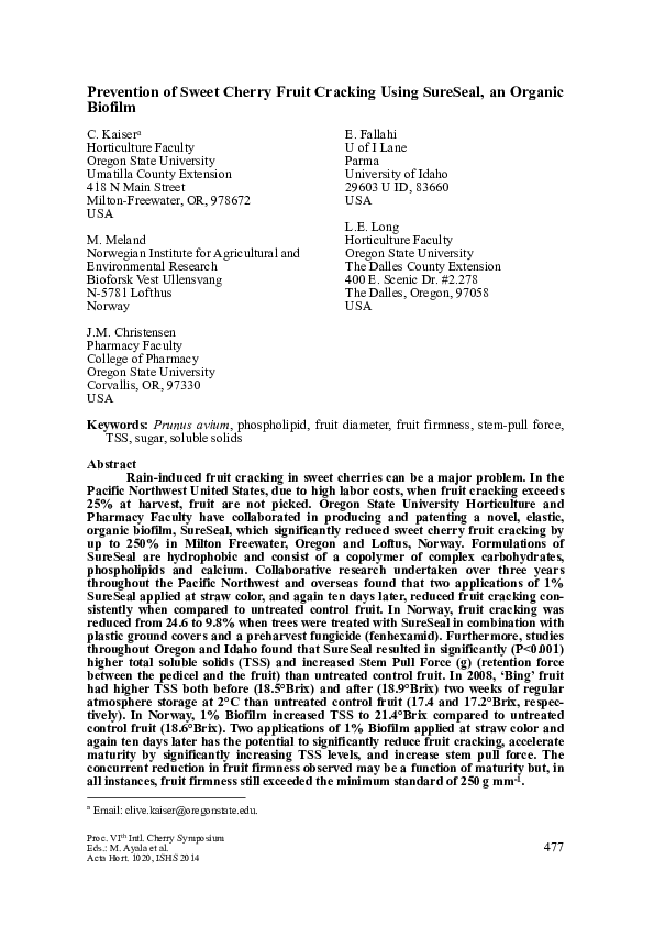 (PDF) Prevention of Sweet Cherry Fruit Cracking Using Sureseal, an ...