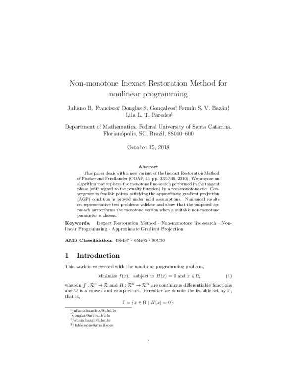 (PDF) Non-monotone Inexact Restoration Method for Nonlinear Programming