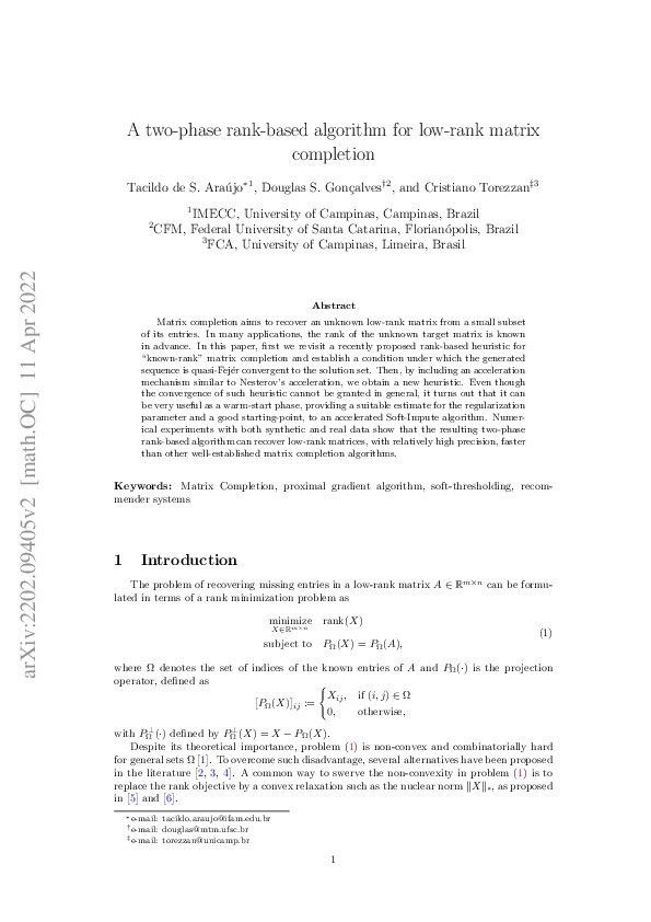 (PDF) A two-phase rank-based Soft-Impute algorithm for low-rank matrix completion