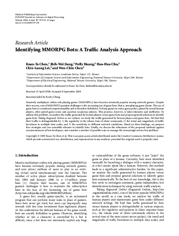 (PDF) Identifying MMORPG Bots: A Traffic Analysis Approach