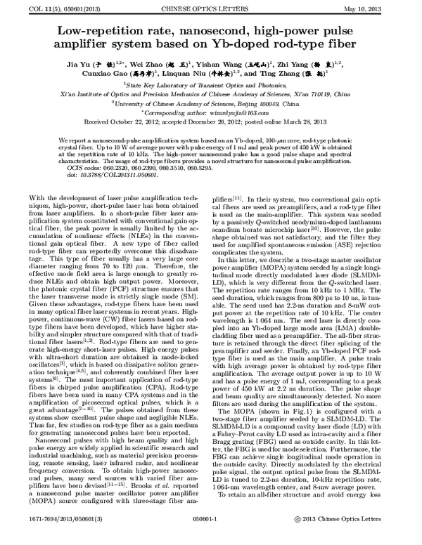 (PDF) Low-repetition rate, nanosecond, high-power pulse amplifier system based on Yb-doped rod ...
