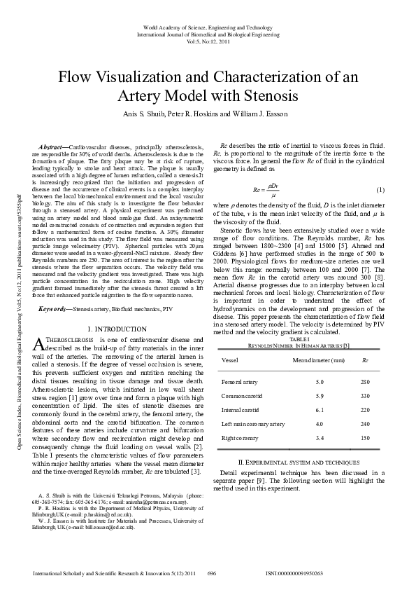 (PDF) Flow Visualization And Characterization Of An Artery Model With Stenosis
