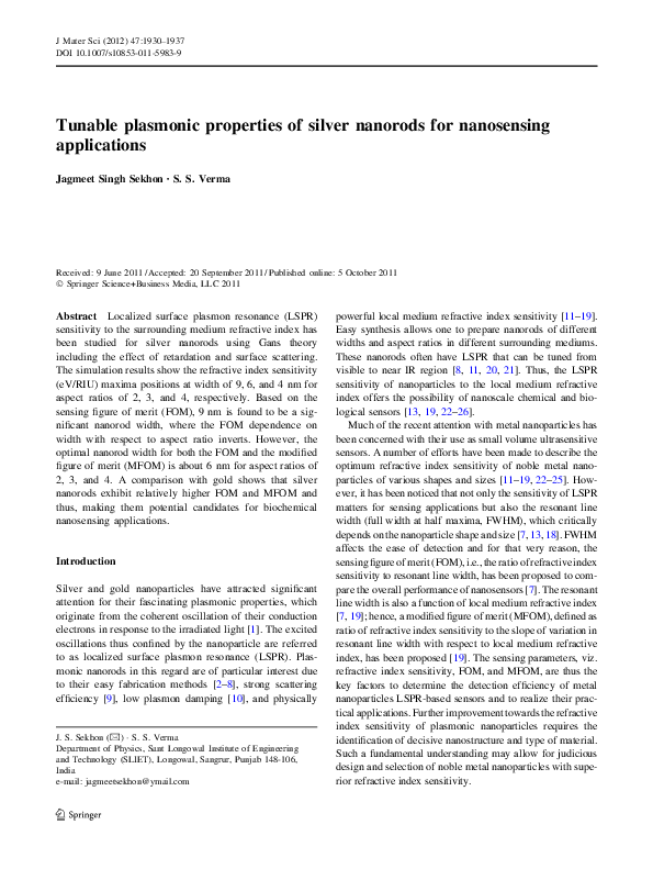 (PDF) Tunable plasmonic properties of silver nanorods for nanosensing applications