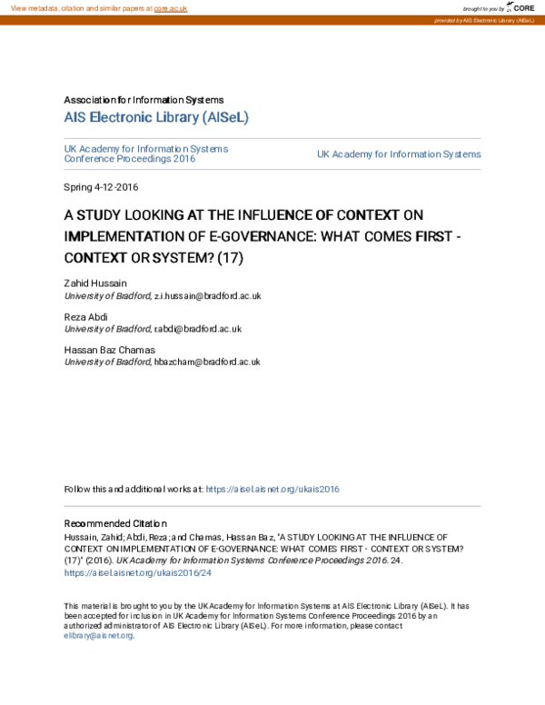 (PDF) A Study looking at the Influence of Context on Implementation of ...