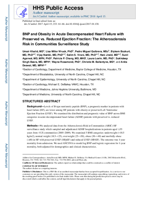 (PDF) BNP and obesity in acute decompensated heart failure with preserved vs. reduced ejection ...