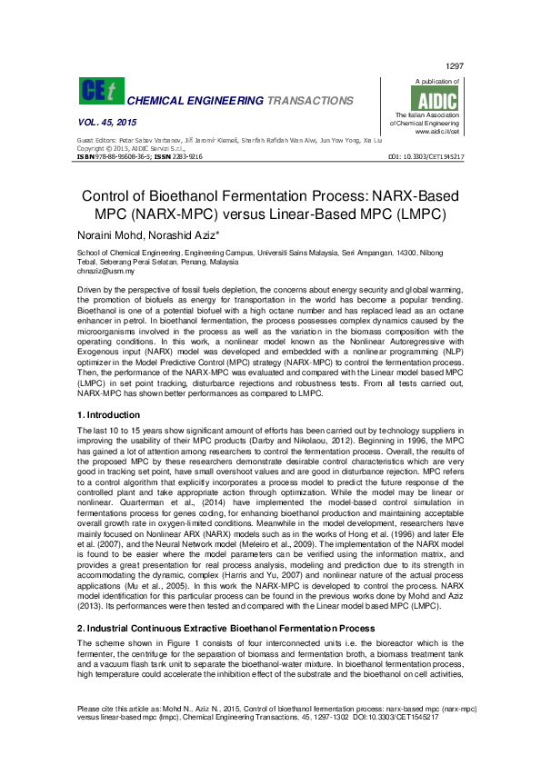 (PDF) Control of Bioethanol Fermentation Process: NARX-Based MPC (NARX-MPC) versus Linear-Based ...