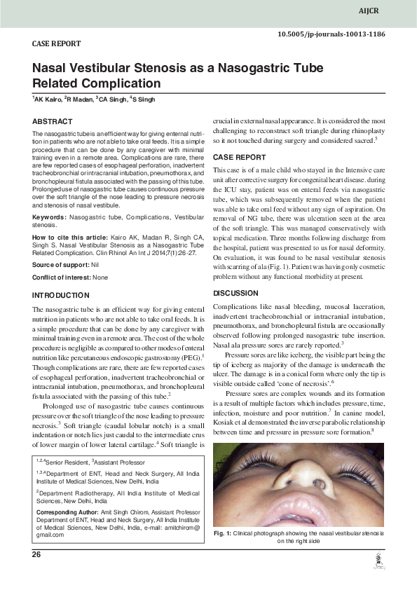 (PDF) Nasal Vestibular Stenosis as a Nasogastric Tube Related Complication