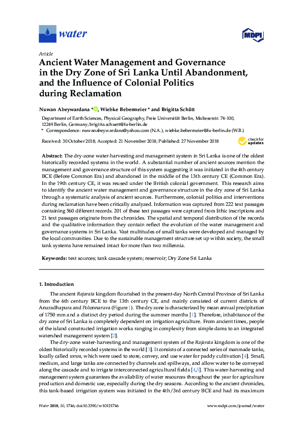 (PDF) Ancient Water Management and Governance in the Dry Zone of Sri Lanka Until Abandonment ...