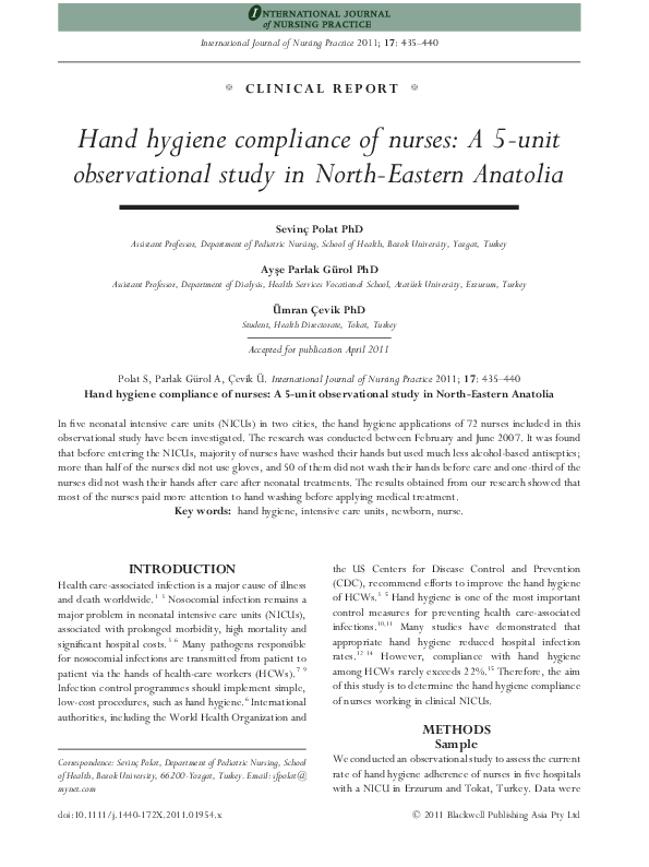 (PDF) Hand hygiene compliance of nurses: A 5-unit observational study ...