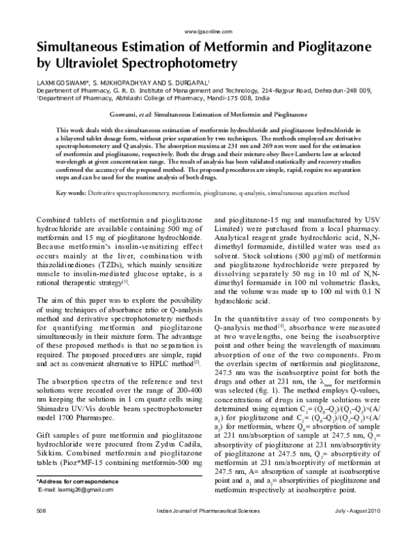 Pdf Simultaneous Estimation Of Metformin And Pioglitazone By Ultraviolet Spectrophotometry