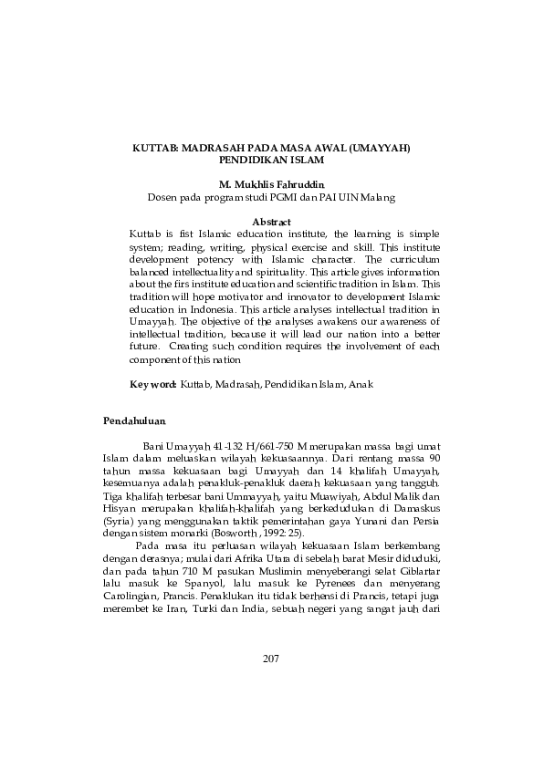 (PDF) Kuttab: Madrasah Pada Masa Awal (Umayyah) Pendidikan Islam