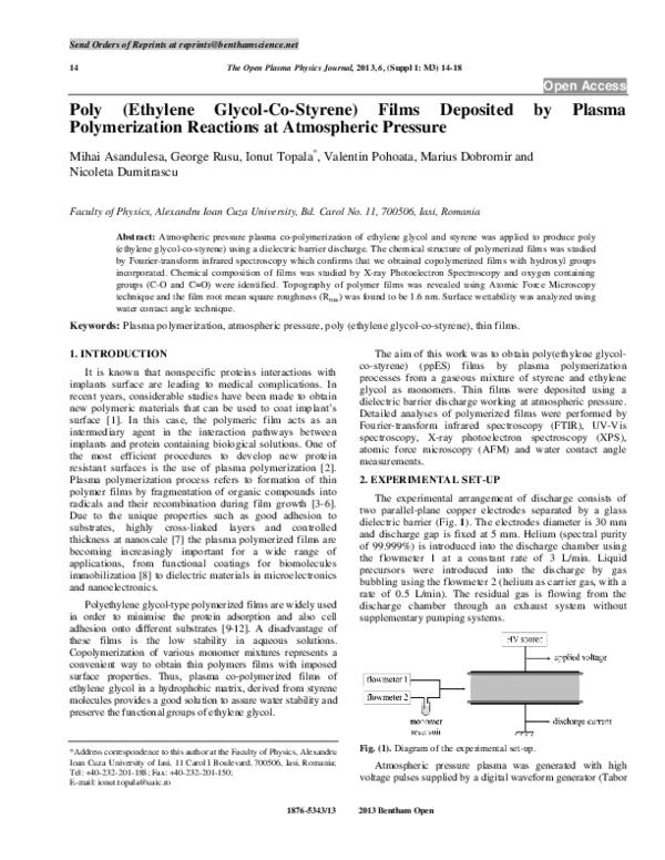 (PDF) Poly (Ethylene Glycol-Co-Styrene) Films Deposited by Plasma Polymerization Reactions at ...
