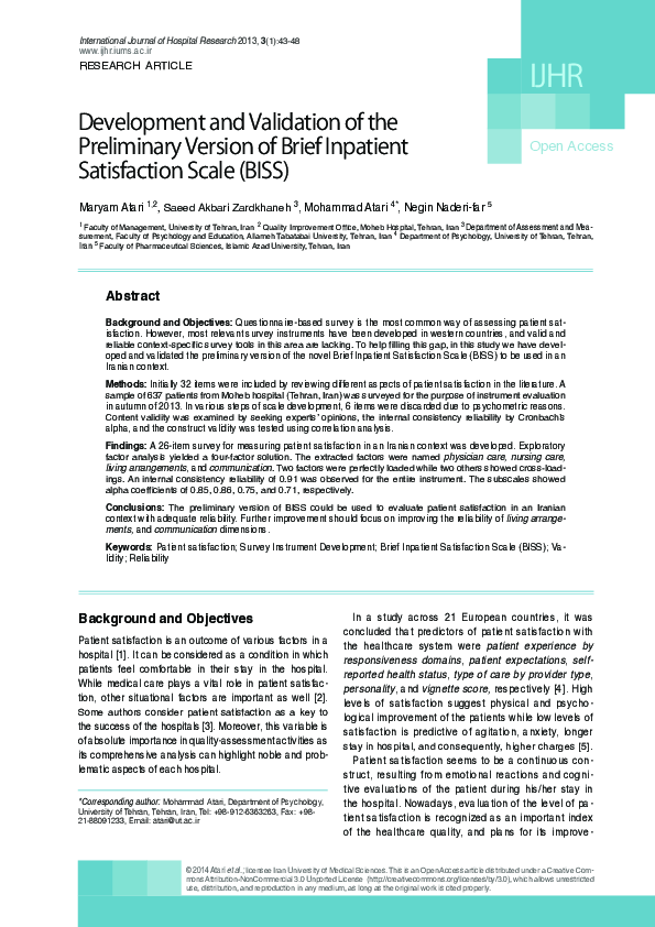 (PDF) Development and Validation of the Preliminary Version of Brief Inpatient Satisfaction ...