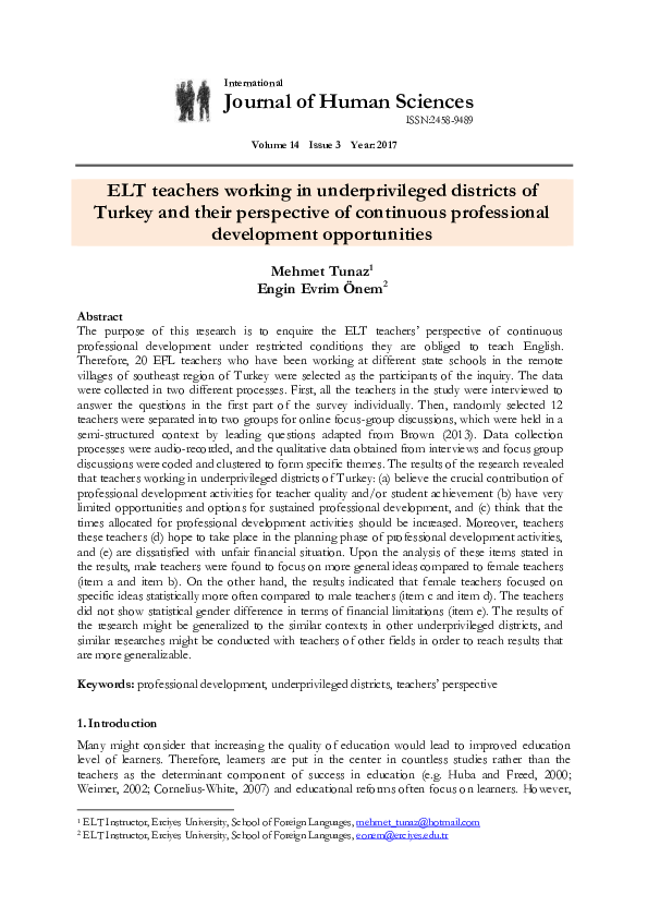 (PDF) ELT teachers working in underprivileged districts of Turkey and their perspective of ...