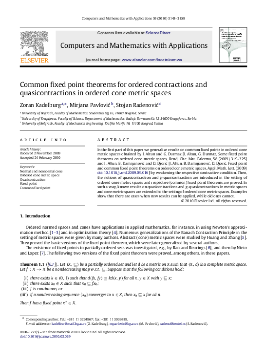 (PDF) Common fixed point theorems for ordered contractions and quasicontractions in ordered cone ...