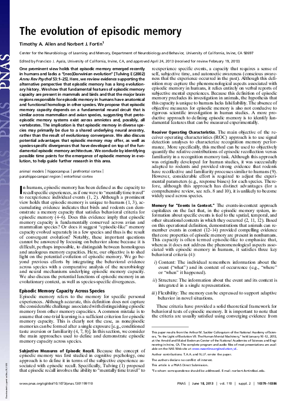 (PDF) The evolution of episodic memory | Norbert Fortin - Academia.edu
