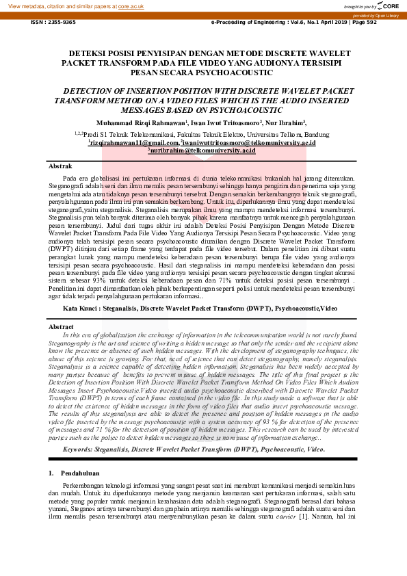 (PDF) Deteksi Posisi Penyisipan Dengan Metode Discrete Wavelet Packet Transform Pada File Video ...