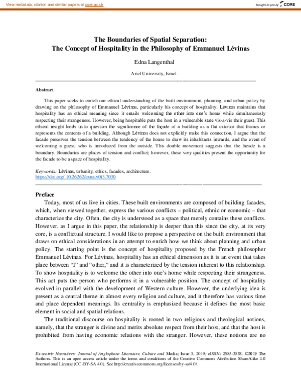 (PDF) The Boundaries of Spatial Separation: The Concept of Hospitality in the Philosophy of ...