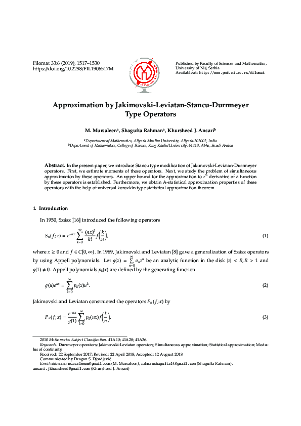 Pdf Approximation By Jakimovski Leviatan Stancu Durrmeyer Type Operators