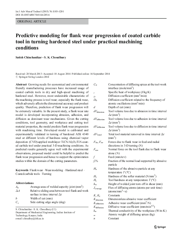 (PDF) Predictive modeling for flank wear progression of coated carbide tool in turning hardened ...