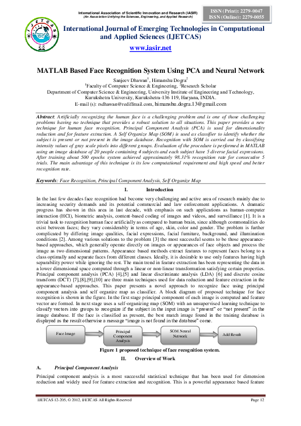 (PDF) MATLAB Based Face Recognition System Using PCA and Neural Network