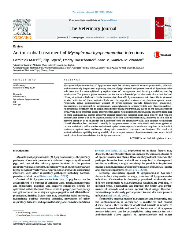 (PDF) Antimicrobial treatment of Mycoplasma hyopneumoniae infections