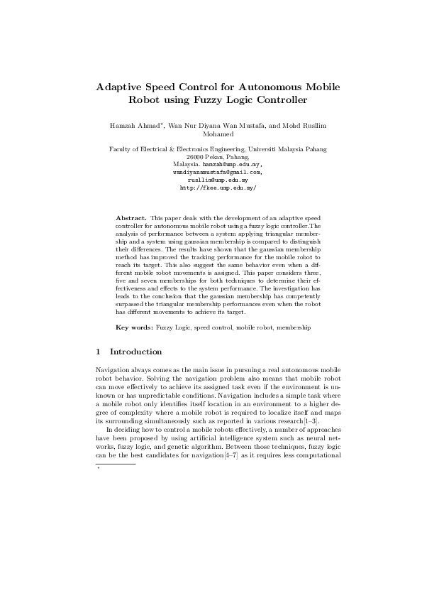 Pdf Adaptive Speed Control For Autonomous Mobile Robot Using Fuzzy