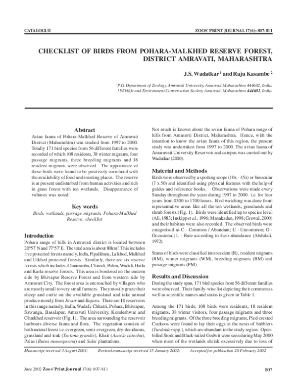 (PDF) Checklist of birds from Pohara-Malkhed Reserve Forest, District ...