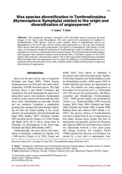 (PDF) Was species diversification in Tenthredinoidea (Hymenoptera: Symphyta) related to the ...
