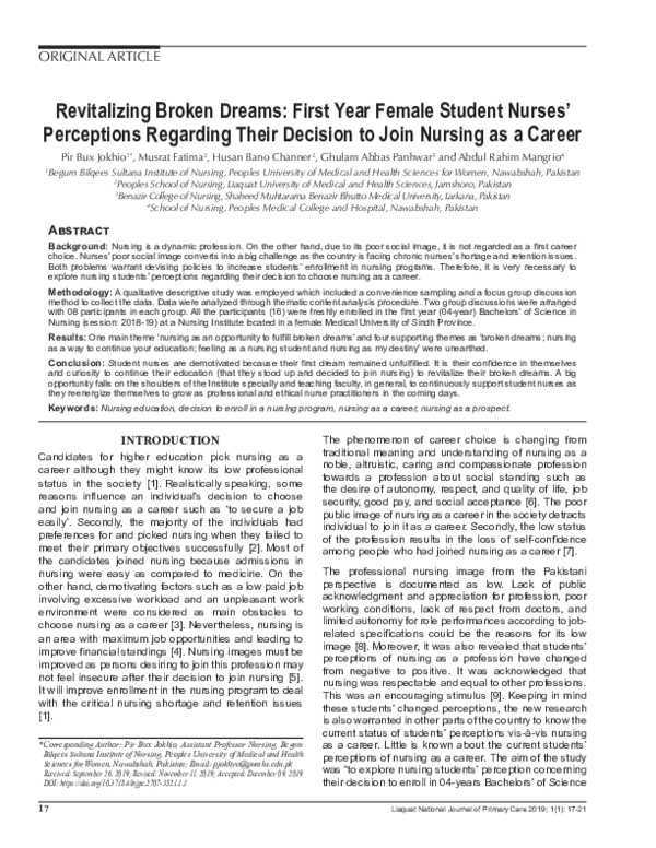 (PDF) Revitalizing Broken Dreams: First Year Female Student Nurses’ Perceptions Regarding Their ...
