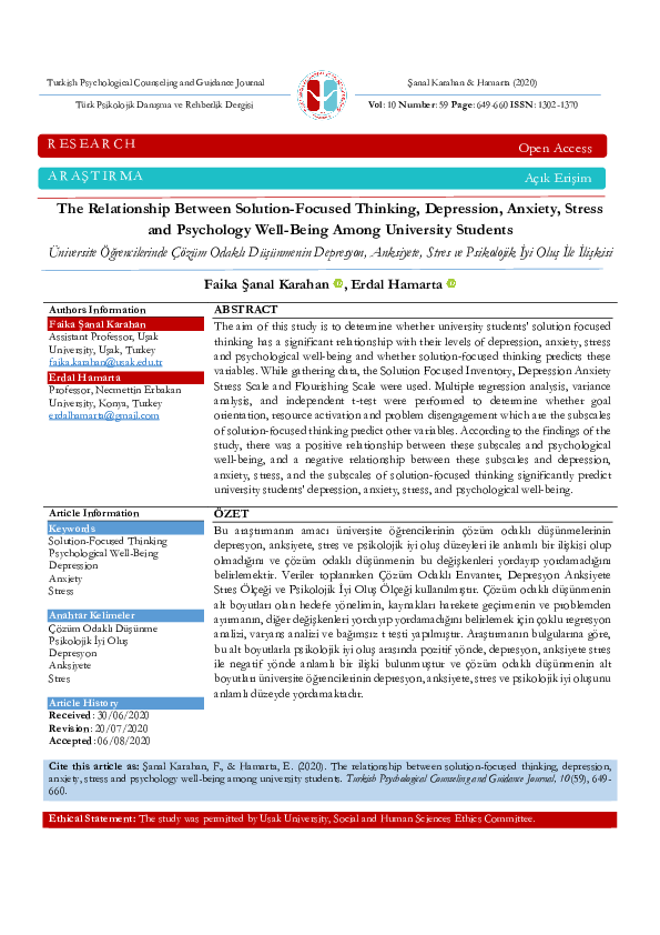 (PDF) The Relationship Between Solution-Focused Thinking, Depression ...