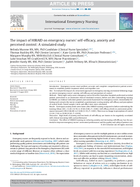 (PDF) The impact of HIRAID on emergency nurses' self-efficacy, anxiety ...
