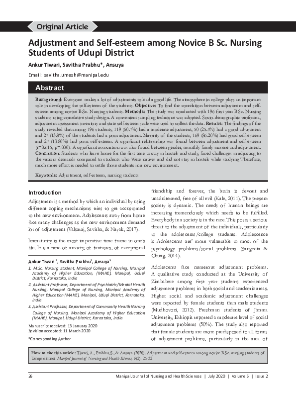 (PDF) Adjustment and Self-esteem among Novice B Sc. Nursing Students of ...
