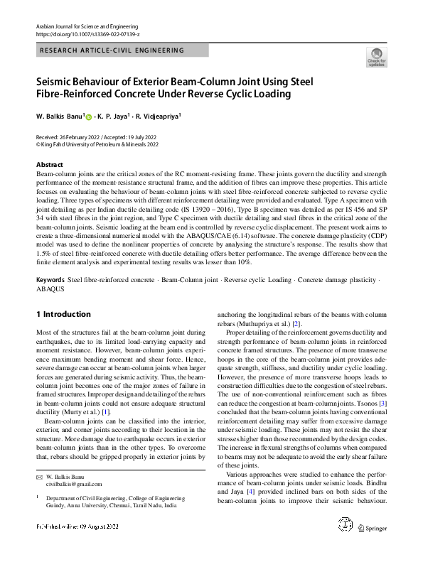Pdf Seismic Behaviour Of Exterior Beam Column Joint Using Steel Fibre Reinforced Concrete