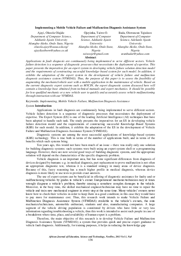 (PDF) Implementing a Mobile Vehicle Failure and Malfunction Diagnosis ...