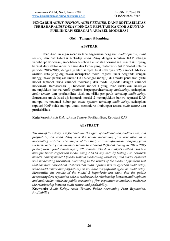 (PDF) Pengaruh Audit Opinion, Audit Tenure, Dan Profitabilitas Terhadap Audit Delay Dengan ...