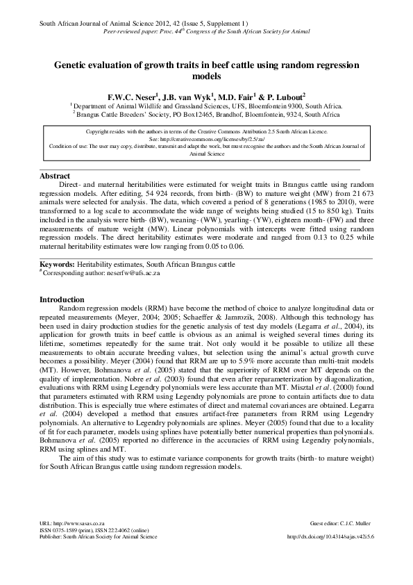 Pdf Genetic Evaluation Of Growth Traits In Beef Cattle Using Random Regression Models